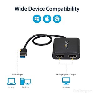 StarTech.com USB 3.0 to Dual DisplayPort Adapter 4K 60Hz, DisplayLink Certified, Video Converter with External Graphics Card - Mac & PC (USB32DP24K60), Black