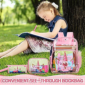 Kacctyen 3 Pcs Pink Clear Backpack Stadium Approved Backpack for Girls Clear School Backpack with Lunch Bag for Girls Boys(Unicorn Style)