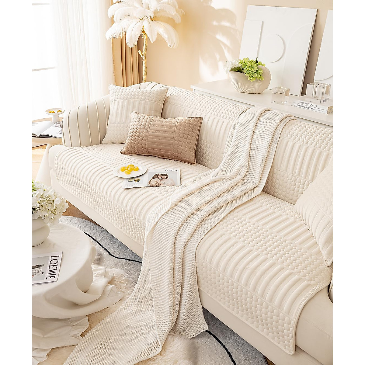 Huierxun Solid Color Quilted Plush Sofa Cover Sofa Slipcover Non-Slip Sectional Couch Covers Anti Cat Scratch Armrest Backrest Recliner Cover (Beige,28''x28'')