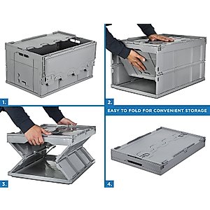 Mount-It! Collapsible Plastic Storage Crate, Folding and Stackable Utility Distribution Container with Attached Lid, 65L Liter Capacity, Pack of 1