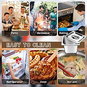 Baderke 4 Pack Stainless Steam Hotel Pans with Lids, 1/6 Sixth Size x 6 Inch Deep, 0.7 mm Thick 304 Stainless Steel Hotel Pan Anti Steam Table Pan for Food Warmer Cooking Heat