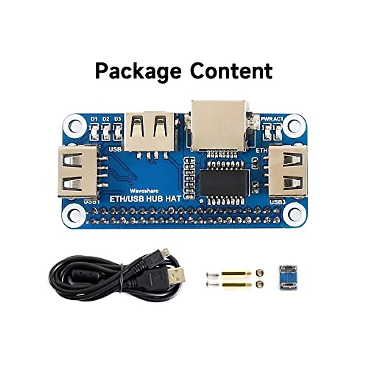 Waveshare Ethernet/USB HUB HAT, Compatible with Raspberry Pi 5/4B/3B/Zero/Zero W/Zero 2W/Pico/Pico W/Pico WH, 1x RJ45 Ethernet Port, 3X USB Ports