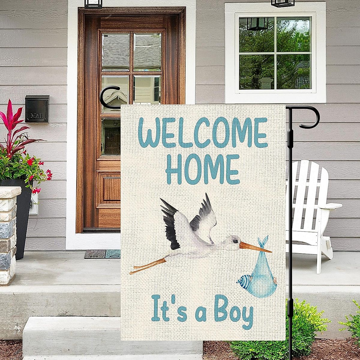 DLZDN Welcome Home Baby Boy Garden Flag Baby Shower Garden Flag 12×18 Inch Double Sided Burlap Flag Newborn Gender Reveal Lawn Yard Sign Stork Outdoor Decoration