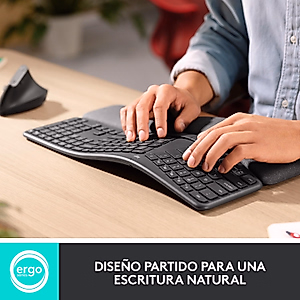 Logitech Ergo K860 Wireless Ergonomic Keyboard with Wrist Rest - Split Keyboard Layout for Windows/Mac, Bluetooth or USB Connectivity (Renewed)