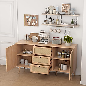 Rattan Sideboard Buffets Cabinet Farmhouse Boho Buffet Sideboard with 3 Drawers and 2 Doors Storage Cabinet Adjustable Shelves Console Table Cupboard Accent Cabinet for Living Room Kitchen
