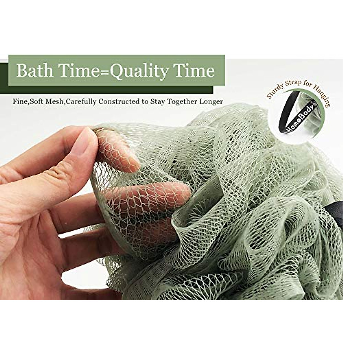 myHomeBody Large 70g Loofah Sponge, Bath Body Scrubber for Women, Men | Exfoliating Shower Pouf with Activated Charcoal - 2 Graphite Gray + 1 Sage Green, 3 Pack