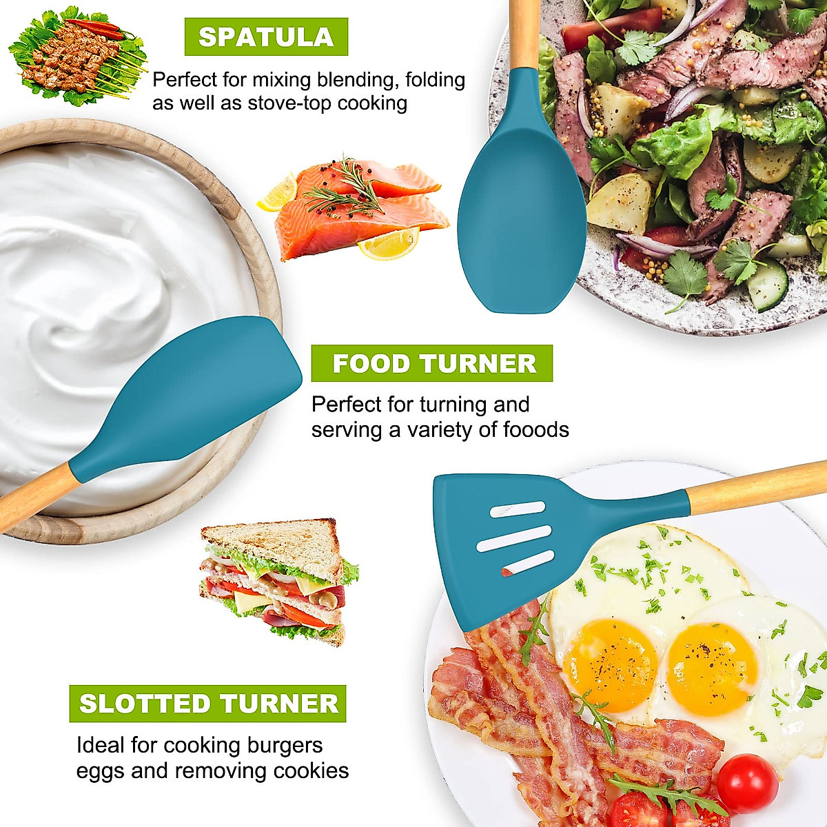 Umite Chef 36pcs Silicone Kitchen Cooking Utensils with Holder, Heat Resistant Cooking Utensils Sets Wooden Handle, Nonstick Kitchen Gadgets Tools Include Spatula Spoons Turner Pizza Cutter(Blue)