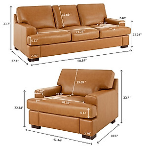 Naomi Home Siggy Genuine Leather Sofa for Living Room, Bedroom - Chair, Sofa - Luxurious Comfort, Goose Feather Cushion Filling, Square Arm Design, Sturdy Block Legs, Elegant, Tan
