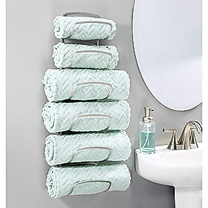 mDesign Steel Towel Holder for Bathroom Wall - Wall Mounted Organizer for Rolled Towels and Bath Robes - Six Level Wall Mount Towel Storage Rack - Bathroom Towel Organizer - Hyde Collection - Satin