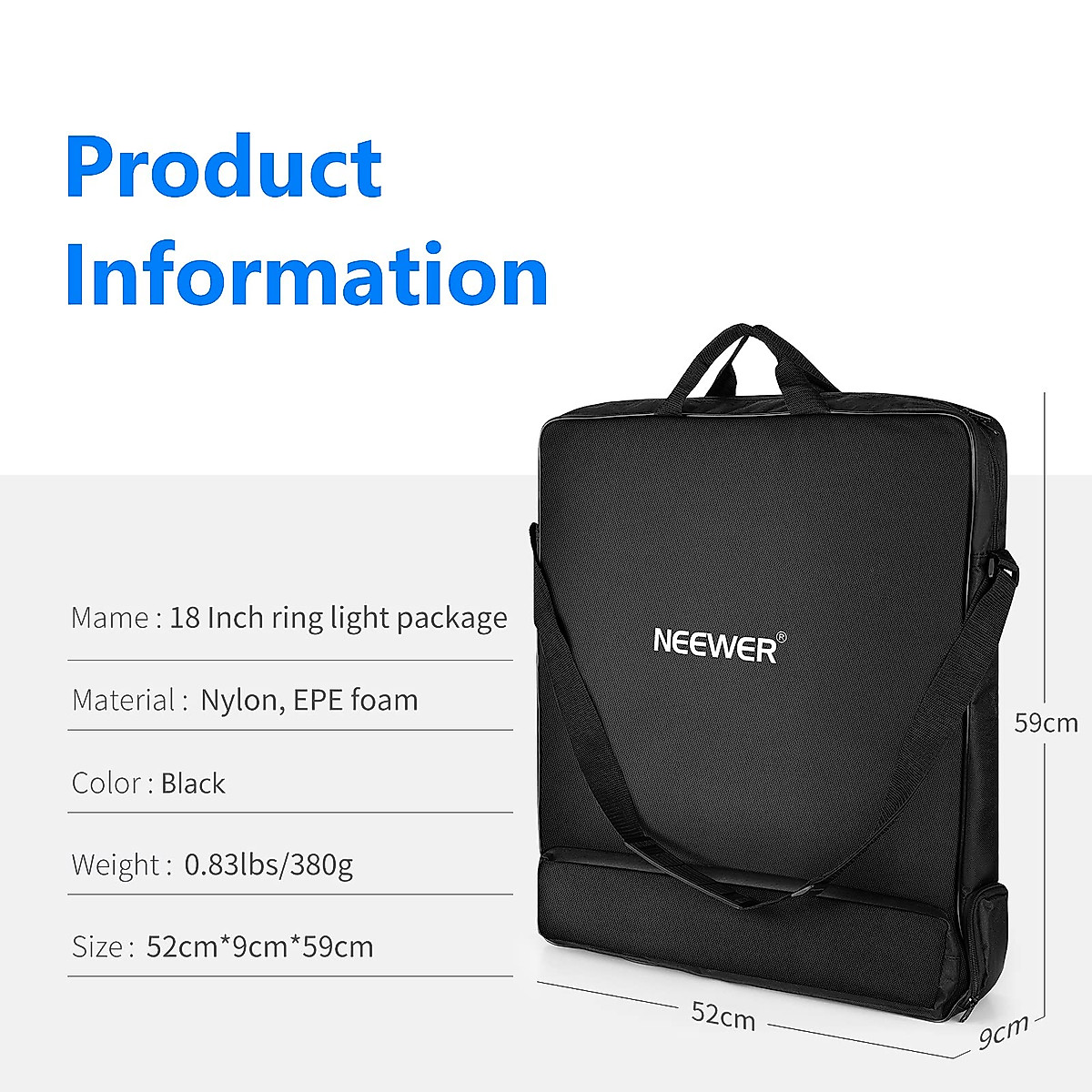 Neewer Photography Carrying Bag, Protective Case for 18" Ring Light and 21" Foldable Tripod Light Stand, 21"×21"/52×52cm, Durable Lightweight Nylon, Black