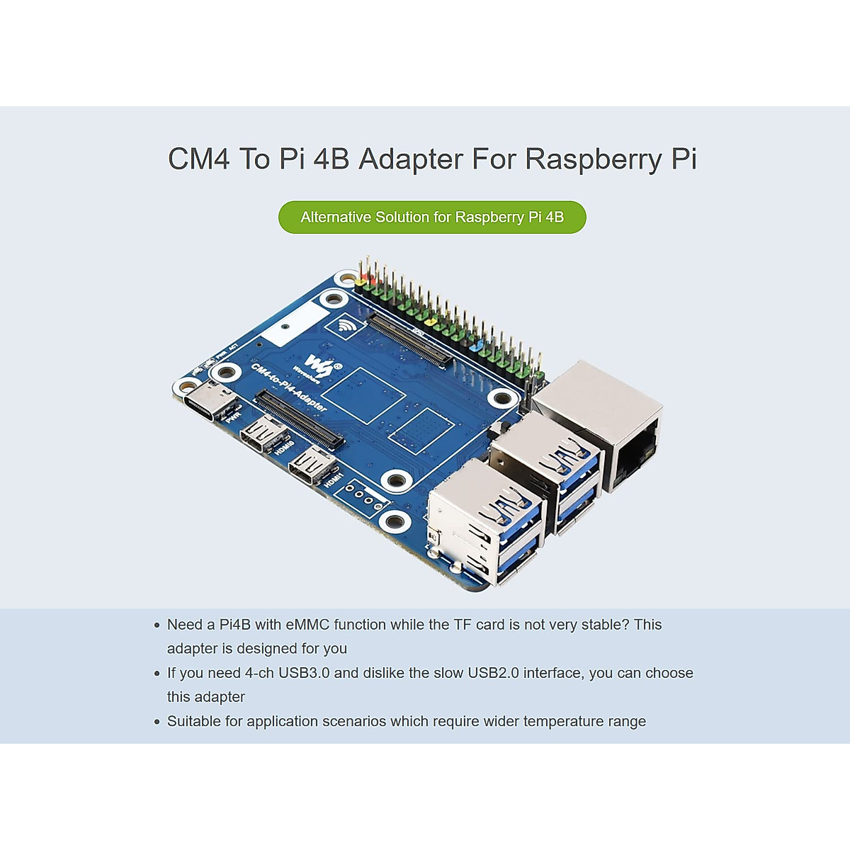 waveshare CM4 to Raspberry Pi 4B Adapter, Alternative Solution for Raspberry Pi 4B, Onboard Standard CM4 Connector, 4-CH USB 3.0 Ports, RJ45 Gigabit Ethernet Port, PoE Header etc.