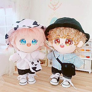 niannyyhouse Cow Clothes Suit 20cm(7.8in) Plush Doll Clothes Fisherman's Hat Denim Shorts White Shirt Doll Dressup(White)