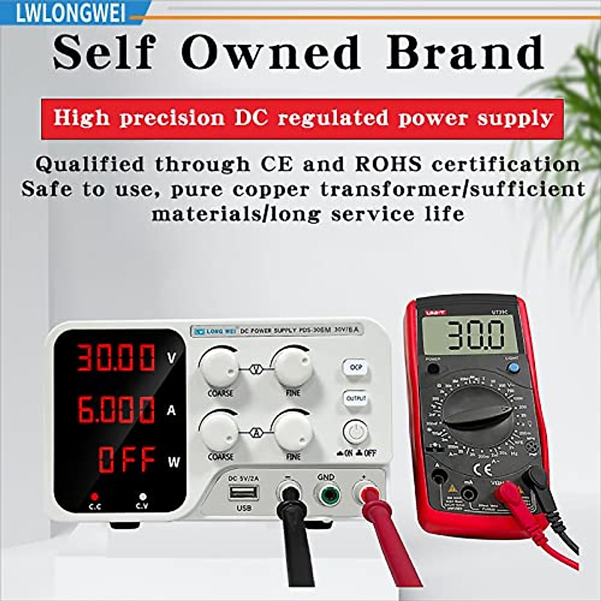 DC Power Supply Variable,30V 6A 180W Adjustable Switching Regulated DC Bench Power Supply with 4-Digits LED Power Display 5V/2A USB Output, Coarse and Fine Adjustments White