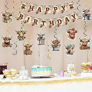 Cheerdecor Highland Cow Birthday Decorations - 16PCS Cow Birthday Party Decorations Brown Happy Birthday Banner Chic Highland Cow Hanging Swirls Western Highland Cow Birthday Party Ceiling Decor