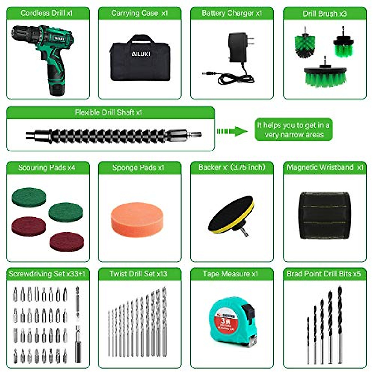 Cordless Drill Driver Kit,67Pcs 12V Drill Set Lithium-Ion Battery,Magnetic Wristband Brushes Tape Measure,Max Drill 280 In-lb Torque,3/8'' Keyless Chuck,25+1 Metal Clutch and Built-in LED