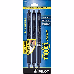PILOT FriXion Clicker Erasable, Refillable & Retractable Gel Ink Pens, Fine Point, Navy Blue Ink, 3-Pack (31468)