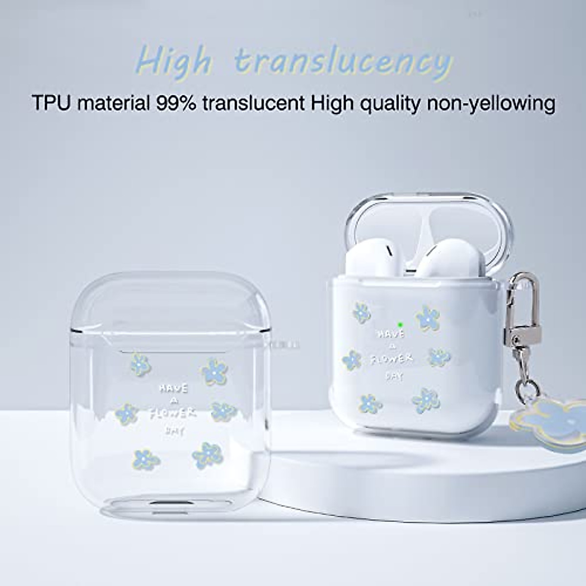 Newseego Compatible with Airpods 1&2 Case, Cute Clear Girl Fashion Blue Small Flower Design Full Protective Soft Silicone Cover with Blue Small Flower Keychain for Kids and Womens -Blue Flower