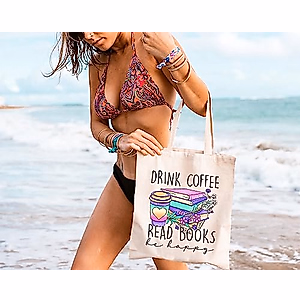GXVUIS Drink Coffee Read Books Be Happy Canvas Tote Bag for Women Aesthetic Reusable Grocery Shopping Bags Gifts for Girls White