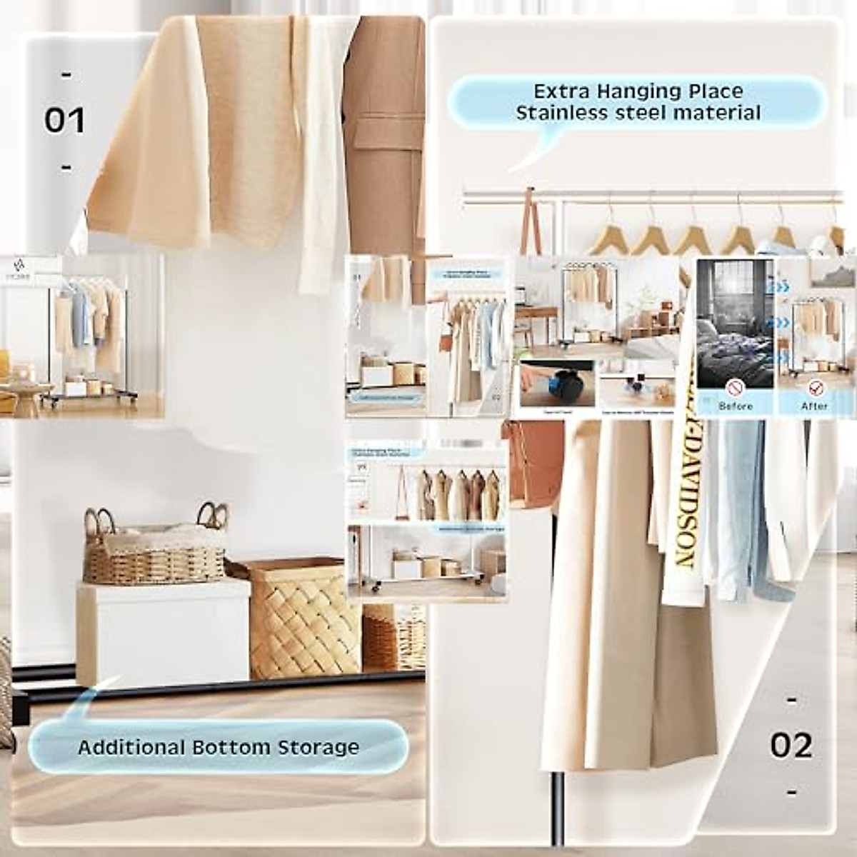 VICERII Clothing Rack, 55.51 Inch Garment Rack with Wheels and Bottom Shelf, 130LB Capacity Heavy Duty Rolling Clothes Racks for Hanging Clothes, Coats, Shirts, Sweaters, Skirts, Dress, Black