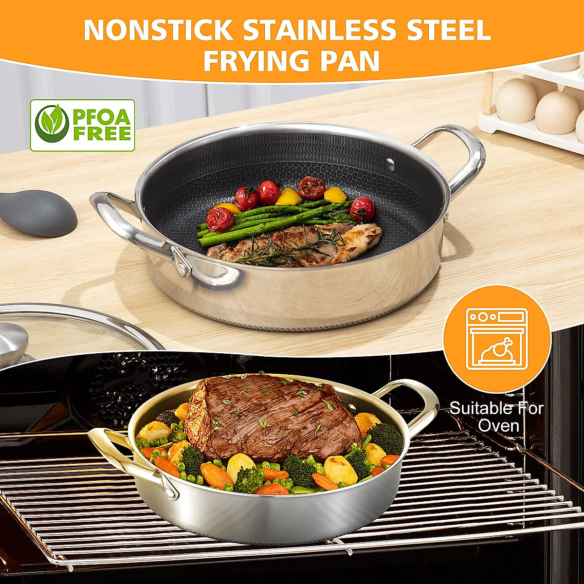 Toutrop Stainless Steel Saute Pan 12 inch Deep Frying Pan,6 Quarts Nonstick Skillet Large Sauté Pan with Lid,PFOA Free Cookware,Induction Compatible Chef Cooking Pan,Dishwasher & Oven Safe