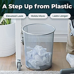 Greenco Small Trash Cans for Home or Office, 2-Pack, 6 Gallon Silver Mesh Round Trash Cans, Lightweight, Sturdy for Under Desk, Kitchen, Bedroom, Den, or Recycling Can