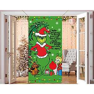 Nepnuser Merry Christmas Door Cover Grinchmas Whoville Xmas Winter Holiday Party Decorations Backdrop Door Hanging Banner