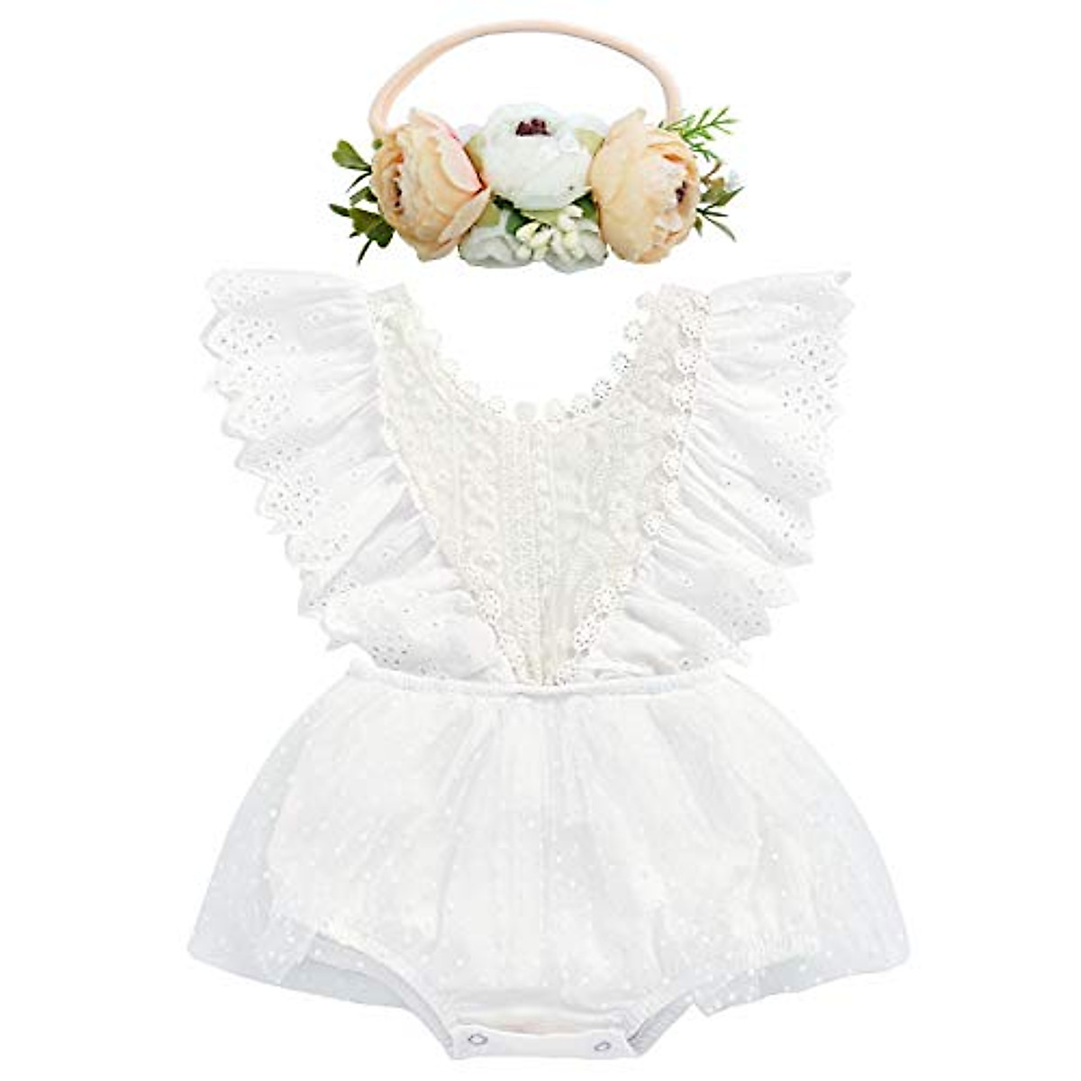 BGFKS Lace Ruffle Sleeve Romper Tutu for Baby Girl,Newborn Toddler Girls Bodysuit Tutu Dress with Flower Headband (White, 6-12 Months)