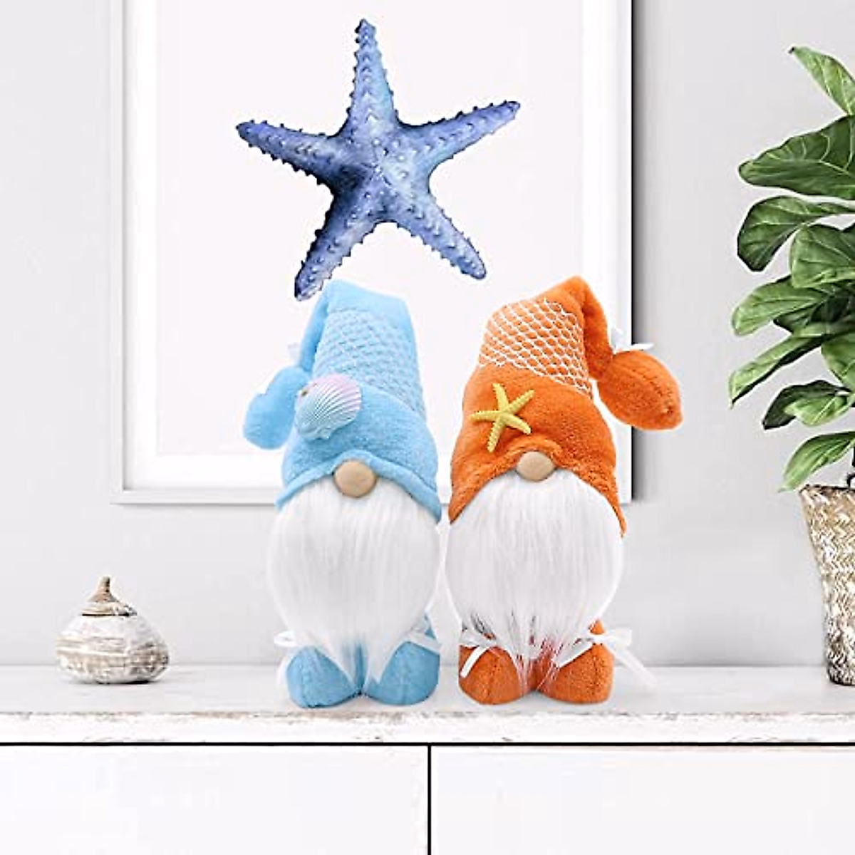 CiyvoLyeen Beach Gnomes Decorations Sea Star Shell Gnomes Handmade Decor Shelf Sitters Swedish Gnomes Nisse Scandinavian Summer Gnomes Plush Elf Dwarf Home Household Ornaments Set of 2