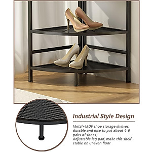 LTTROMAT 4-Tier Corner Hall Tree with Shoe Bench, Entryway Coat Rack with Storage, Industrial Corner Clothes Rack with 6 Metal Hooks and Wooden Storage Shelves