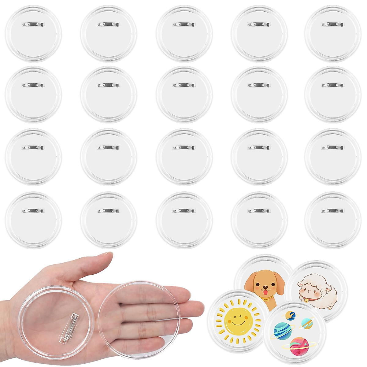 Anjetan 25 Pcs Button Badges with Pins, 3.15" Clear Button Badges, Acrylic Badge Makers for Craft Supplies, Blank Picture Button Badges Kit, Round Photo Buttons for DIY Projects