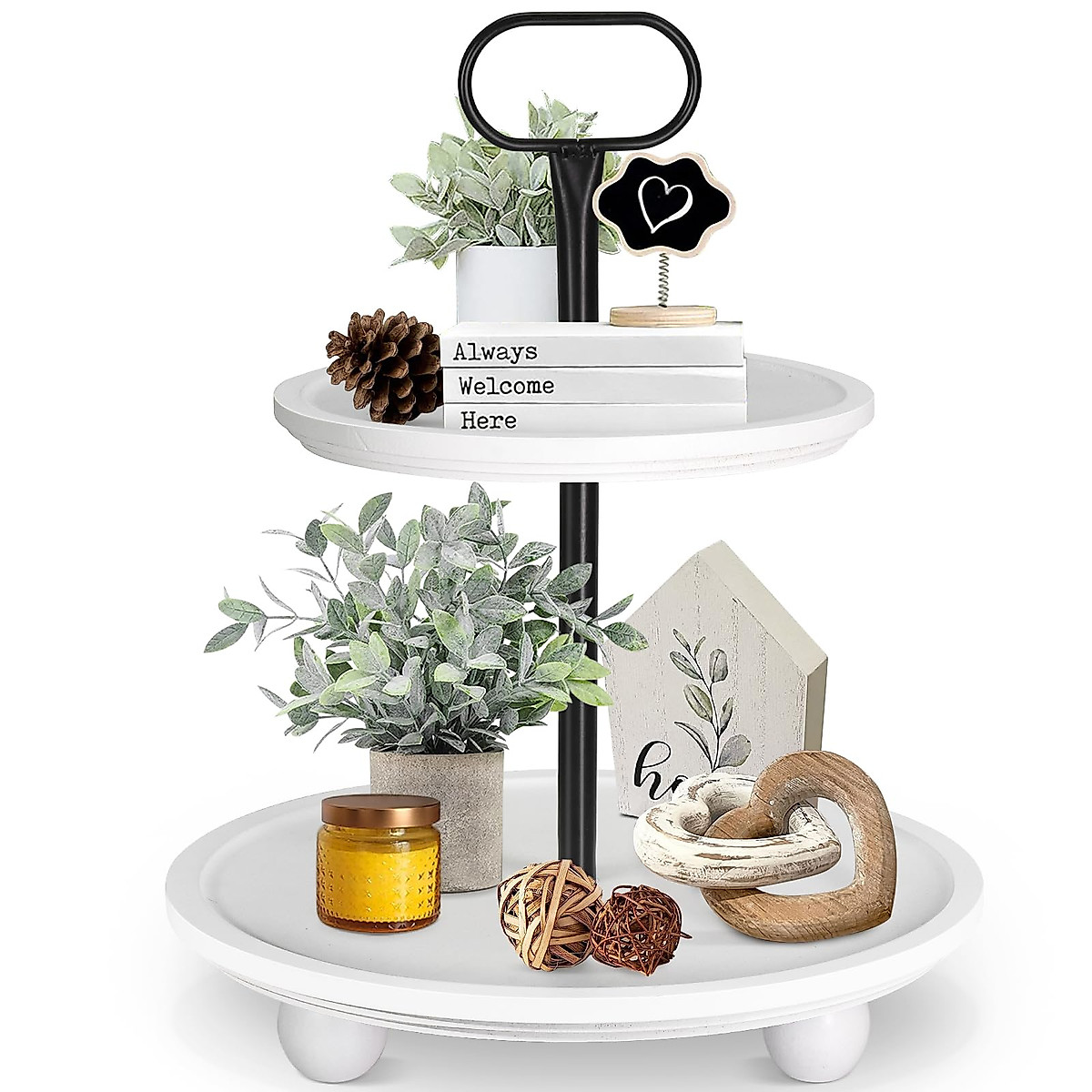 Farmhouse Tiered Tray Decor 2 Tier Tray with Handle, Wood Serving Tray for Kitchen Coffee Bar Table, Dessert Table Display Tray Cupcake Stand Perfect for Wedding Party Home Decor Display