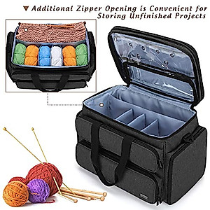 YARWO Knitting Yarn Bag, Portable Crochet Storage Tote with Double Top Cover and Yarn Holes for Knitting Needles(Up to 14”), Unfinished Projects and Skeins of Yarn, Black