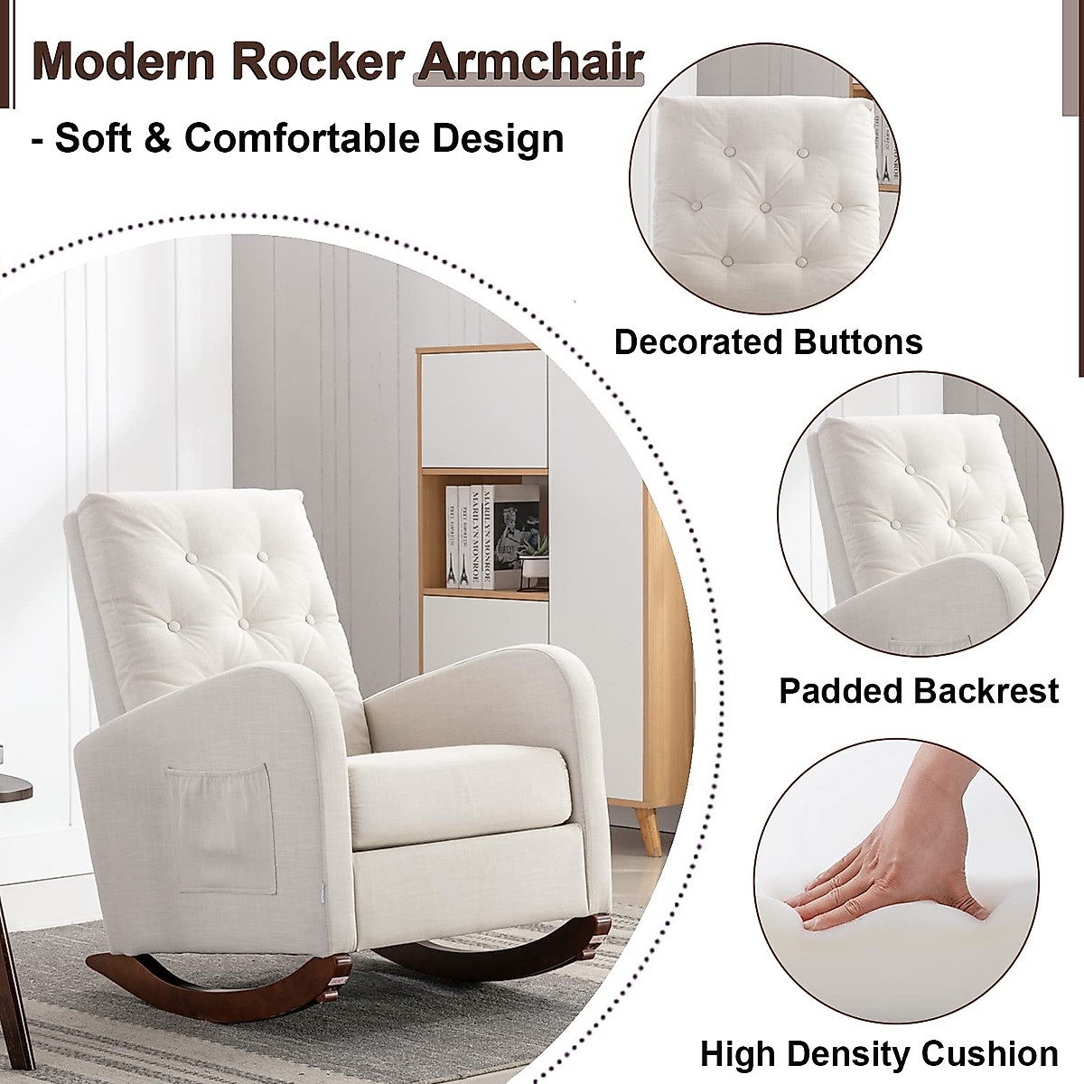 Antetek Modern Accent Rocking Chair, Upholstered Nursery Glider Rocker for Baby and Kids, Comfy Armchair with Pocket, Living Room Lounge Arm Chair, High Backrest with Decorative Buttons, Off White