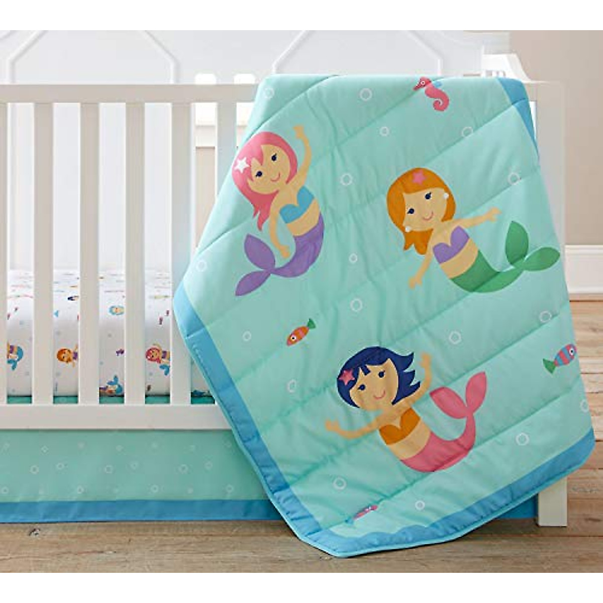Wildkin 100% Microfiber 3 Pc Crib Bed In A Bag for Toddler Boys and Girls, Bedding Set Includes Printed Comforter, Fitted Bottom Sheet and Coordinating Crib Skirt, Olive Kids (Mermaids)