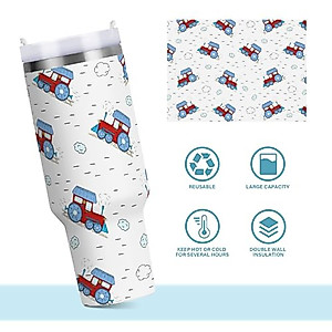 Caikeny Insulated Tumblers with Lid and Straw Cute Hand Drawn Seamless Pattern with Cartoon Trains 40 oz Reusable Stainless Steel Cup Water Bottle Coffee Travel Tumbler Mug for Women Men