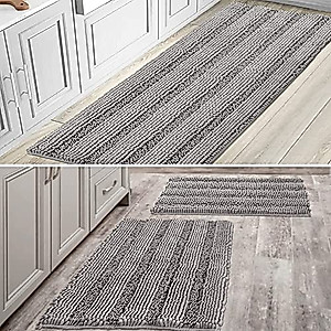 H.VERSAILTEX Item Striped Chenille Rug Pack 2-20" x 32"/17" x 24" and Pack 1-59" x 20" Bundle, Dove