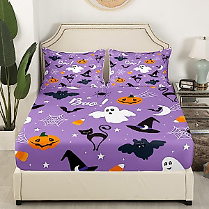 Gothic Spooky Bedding Set Pumpkin Lantern Kawaii Cute Bed Sheets for Kids Boys Teens,Ghost Spiderwebs Fitted Sheet Black Cat Cobwebs Bats Halloween Decoration Twin Size Purple