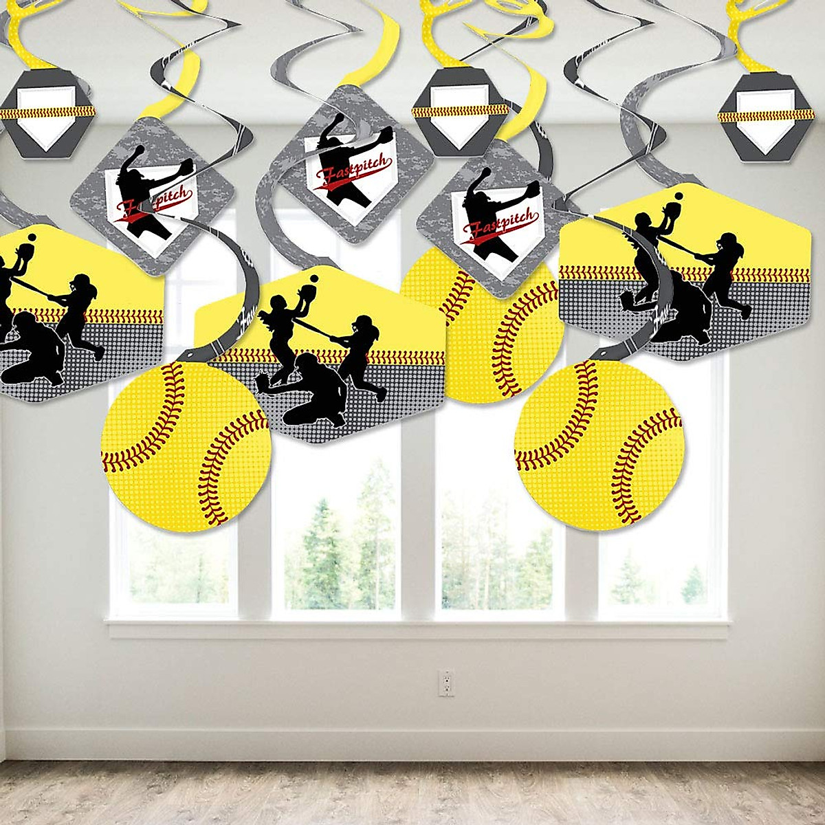 Big Dot of Happiness Grand Slam - Fastpitch Softball - Birthday Party or Baby Shower Hanging Decor - Party Decoration Swirls - Set of 40