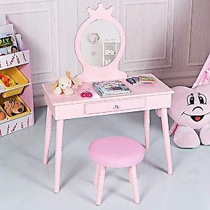 Casart Wooden Kids Vanity Set, Makeup Table and Stool Set with Mirror, Pull-Out Drawer and Cushioned Stool, Perfect Dressing Table Set for Children,Child Pretend Beauty Play Vanity Set, Pink