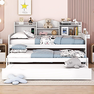 Merax Wooden Storage Shelf, Twin XL Daybed with 2 Trundle, White