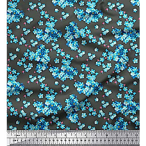 Soimoi Cotton Canvas Grey Fabric - by The Yard - 56 Inch Wide - Blue Flower Floral Material - Tranquil and Botanical Designs for Stylish Apparel Printed Fabric
