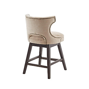 Madison Park Emmett Swivel Stool-Chic Modern, Scoop Back, Counter Height Barstool, Kitchen Island Chair Solid Wood Legs, Silver Nailhead Accent, Assembly Required, 21" W x 22" D x 37" H, Beige