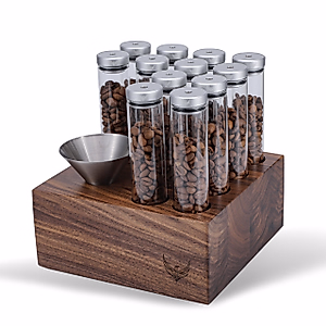 KNODOS Single Dose Coffee Bean Storage Tubes 12 pcs Glass Espresso Dosing Vials with One-Way Exhaust Valve Lids, Walnut Stand & Stainless Steel Funnel Coffee Bean Cellar