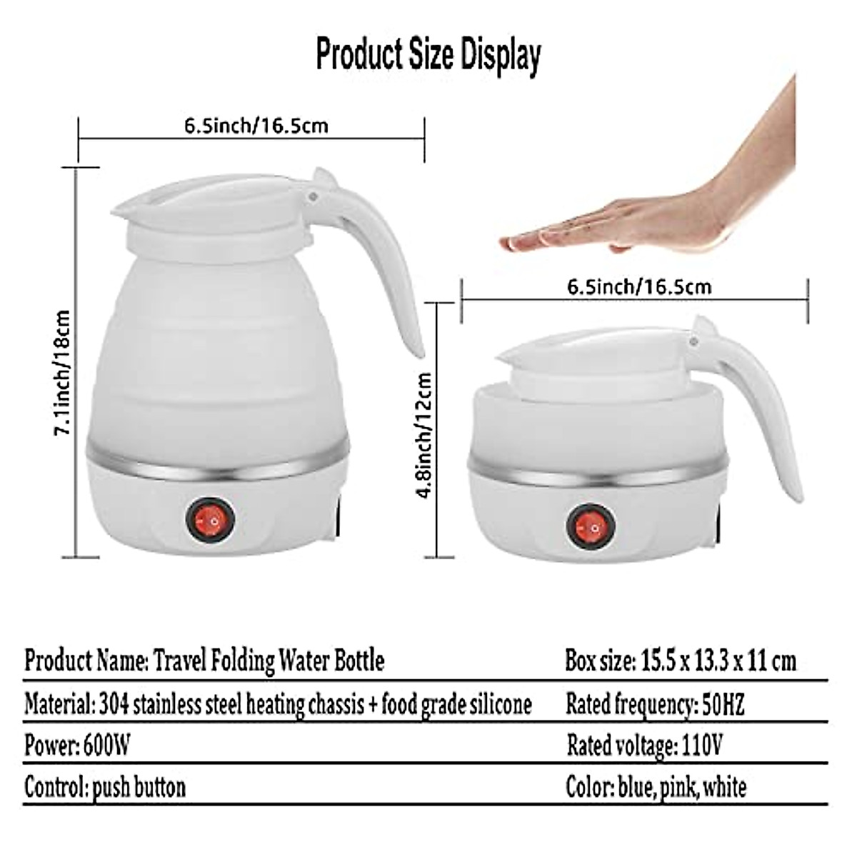Foldable Portable Kettle | Travel Kettle - Upgraded Food Grade Silicone, 5 Mins Heater To Quickly Foldable Electric Kettle, White 600ML 110V US Plug