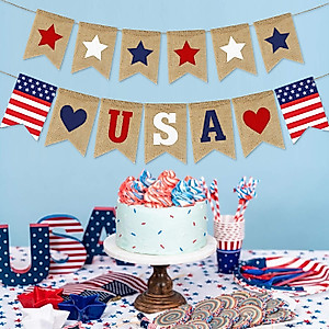 USA Banner Burlap- 4th of July Decorations- Rustic Patriotic Banner -Red White Blue Stars Bunting Garland for President Day- 4th of July Party Supplies- 4th of July Patriotic Outdoor Indoor hanging Decor