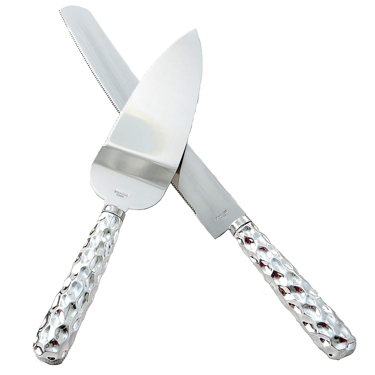 FASHIONCRAFT Hammered Design Handle Cake Knife and Server Set – Wedding Favor, One Size, Stainless Steel Blades with Shiny Silver Handles