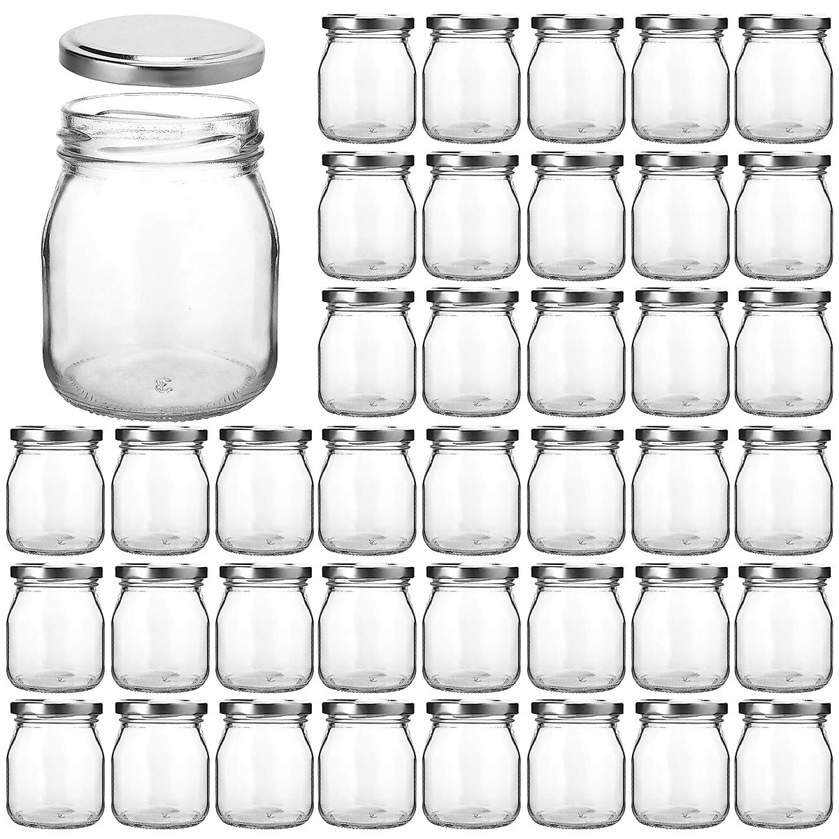 KAMOTA Glass Jars, 40 PACK 4 oz Clear Yogurt Jars With Silver Lids, Glass Pudding Jars Yogurt Jars Ideal for Jam, Honey, Wedding Favors, Shower Favors(150ml)