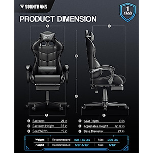 Soontrans Black Gaming Chairs with Footrest, Ergonomic Gamer Chair, Home Office Chair,PC Computer Chair with Headrest and Lumbar Support(Dark Black)