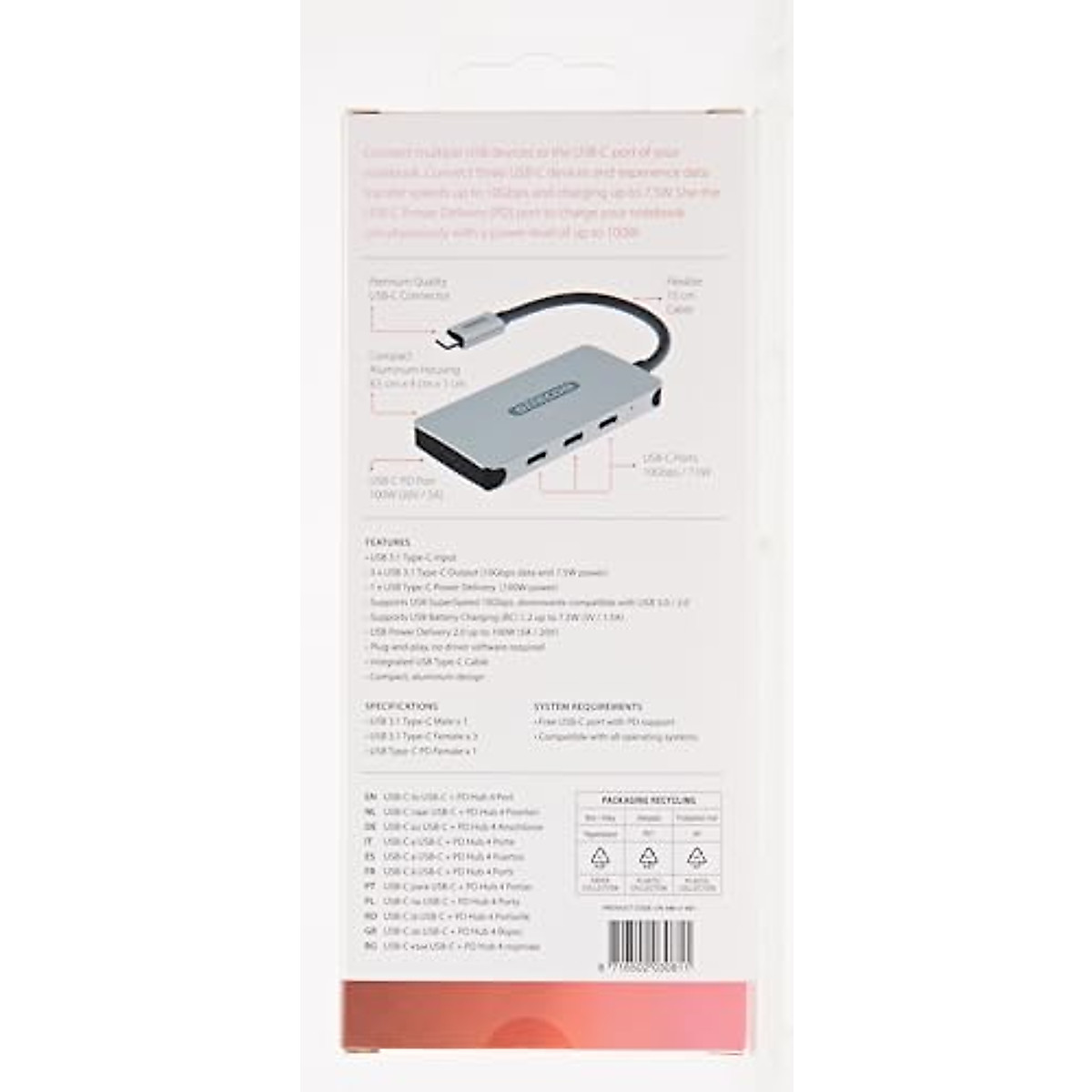 Sitecom CN-386 USB-C Hub 4 Port | USB-C Male to 3X USB-C 3.1 + 1x USB-C Female Power Delivery Ports - Aluminum Hub