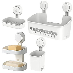 LEVERLOC Shower Caddy & Soap Holder & Toothbrush Holder Soap Dish Suction Cup Double Layer One Second Installation NO-Drilling Removable Bathroom Organizer Set Powerful Heavy Duty Waterproof